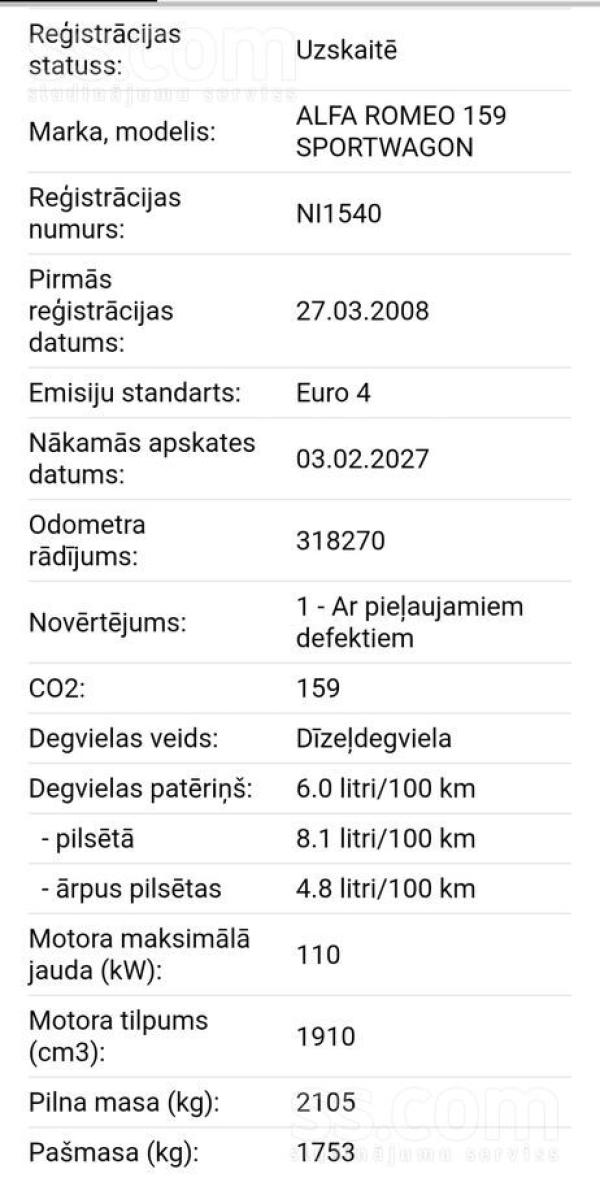 Черный Альфа Ромео 159 2008 в Рига, объемом двигателя 1.90 л и пробегом 324 тыс. км за 2500 €, фото 8 на AUTOMOTO.COM.LV
