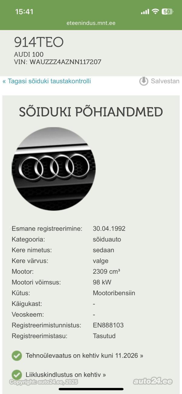 Balts Audi 100 1992 Tallina, ar dzinēja tilpumu 2.30 L un nobraukumu 241 tūkst. km par 1950 €, foto 11 vietnē AUTOMOTO.COM.LV