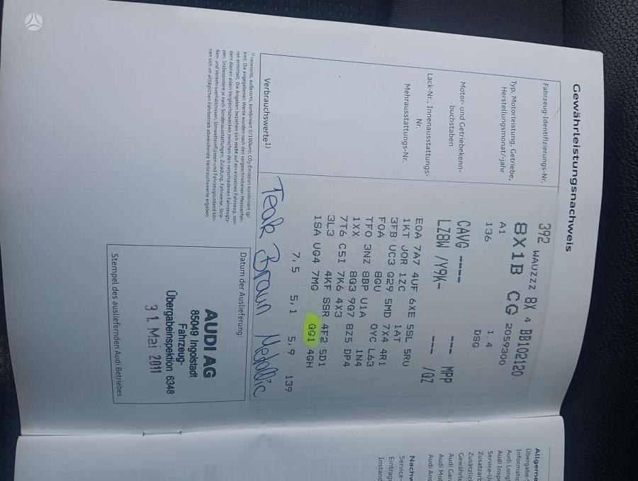 Brūns Audi A1 2011 Utena, ar dzinēja tilpumu 1.39 L un nobraukumu 245 tūkst. km par 5990 €, foto 32 vietnē AUTOMOTO.COM.LV