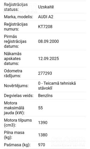 Audi A2 2000 Jēkabpils, ar dzinēja tilpumu 1.40 L un nobraukumu 280 tūkst. km par 2350 €, foto 19 vietnē AUTOMOTO.COM.LV