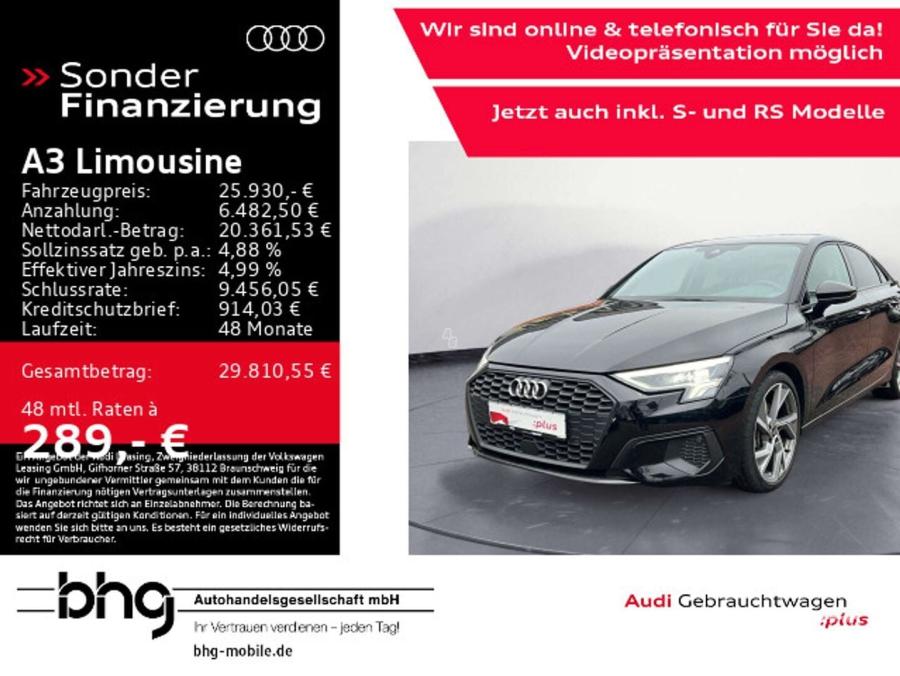 Melns Audi A3 2023 Kauņa, ar dzinēja tilpumu 1.50 L un nobraukumu 43 tūkst. km par 28956 €, foto 1 vietnē AUTOMOTO.COM.LV