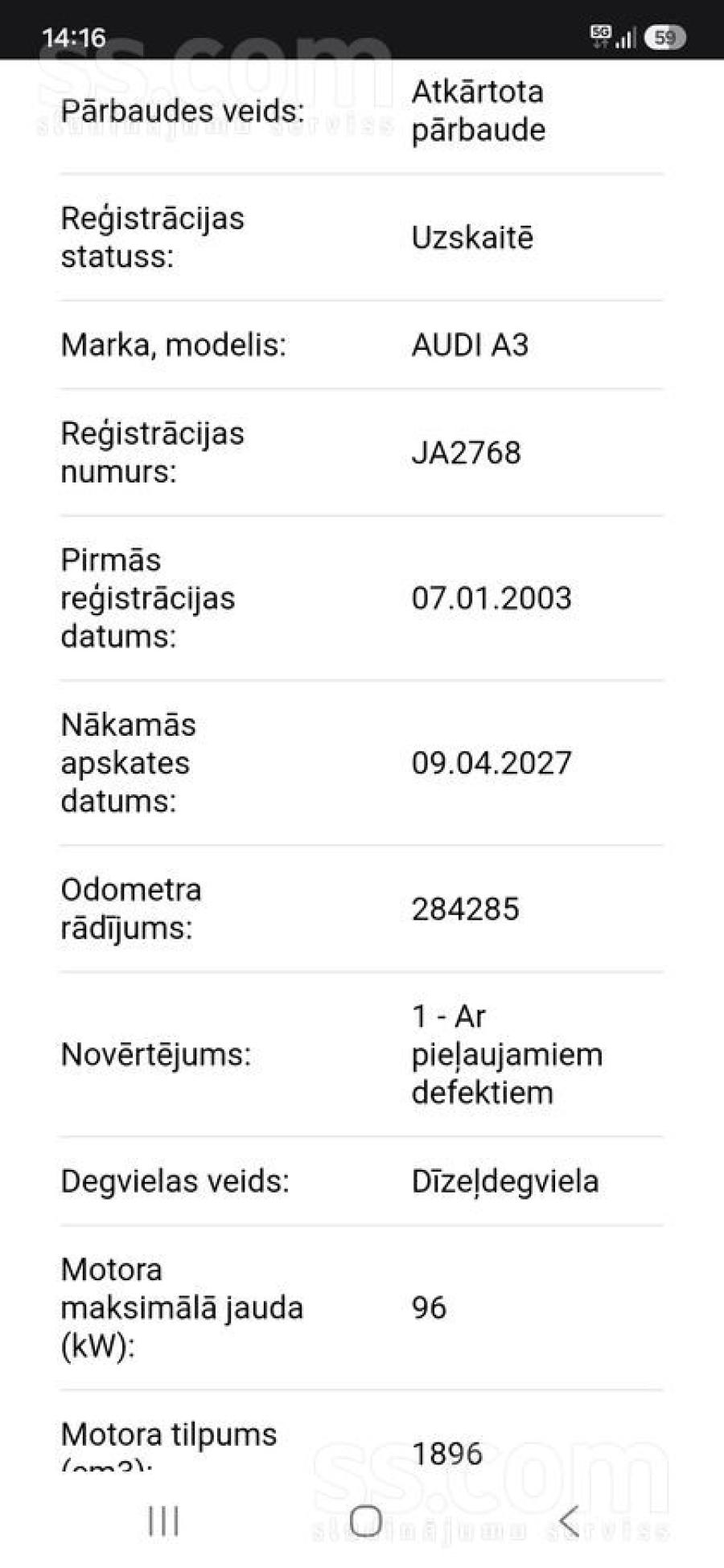 Серый Ауди А3 2003 в Кулдига, объемом двигателя 1.90 л и пробегом 284 тыс. км за 1300 €, фото 5 на AUTOMOTO.COM.LV