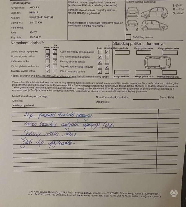 Grey Audi A3 2007 in Vilnius, with an engine capacity of 1.97 L and mileage of 335 thousand km for 2800 €, photo 8 on AUTOMOTO.COM.LV