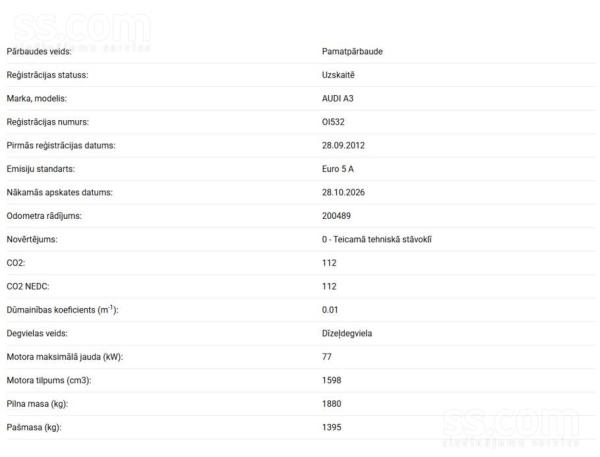 Grey Audi A3 2012 in Ventspils, with an engine capacity of 1.60 L and mileage of 201 thousand km for 8900 €, photo 10 on AUTOMOTO.COM.LV