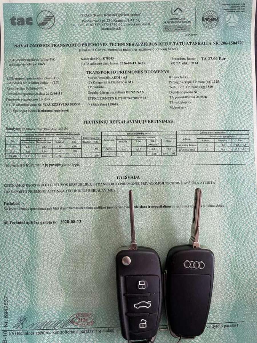 Grey Audi A3 2012 in Kaunas, with an engine capacity of 1.80 L and mileage of 170 thousand km for 7490 €, photo 38 on AUTOMOTO.COM.LV