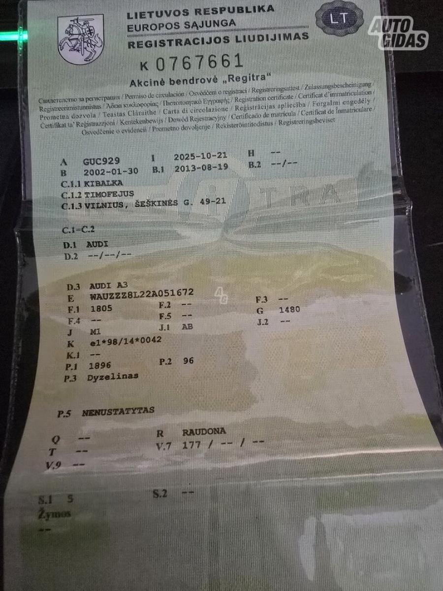 Audi A3 2002 in Vilnius, with an engine capacity of 1.90 L and mileage of 360 thousand km for 1500 €, photo 13 on AUTOMOTO.COM.LV