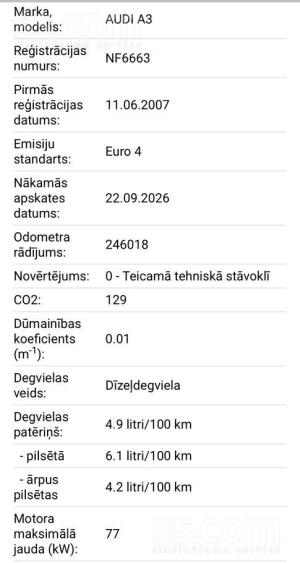 Audi A3 2007 in Daugavpils, with an engine capacity of 1.90 L and mileage of 247 thousand km for 2490 €, photo 11 on AUTOMOTO.COM.LV