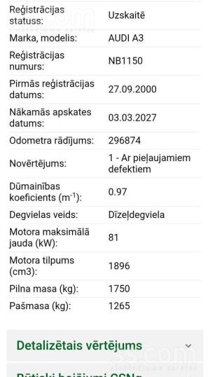Violets Audi A3 2000 Jēkabpils, ar dzinēja tilpumu 1.90 L un nobraukumu 275 tūkst. km par 1690 €, foto 20 vietnē AUTOMOTO.COM.LV