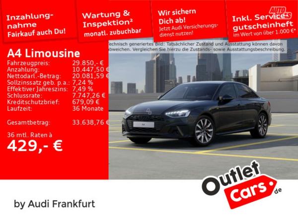 Melns Audi A4 2022 Kauņa, ar dzinēja tilpumu 2.00 L un nobraukumu 74 tūkst. km par 33062 €, foto 1 vietnē AUTOMOTO.COM.LV