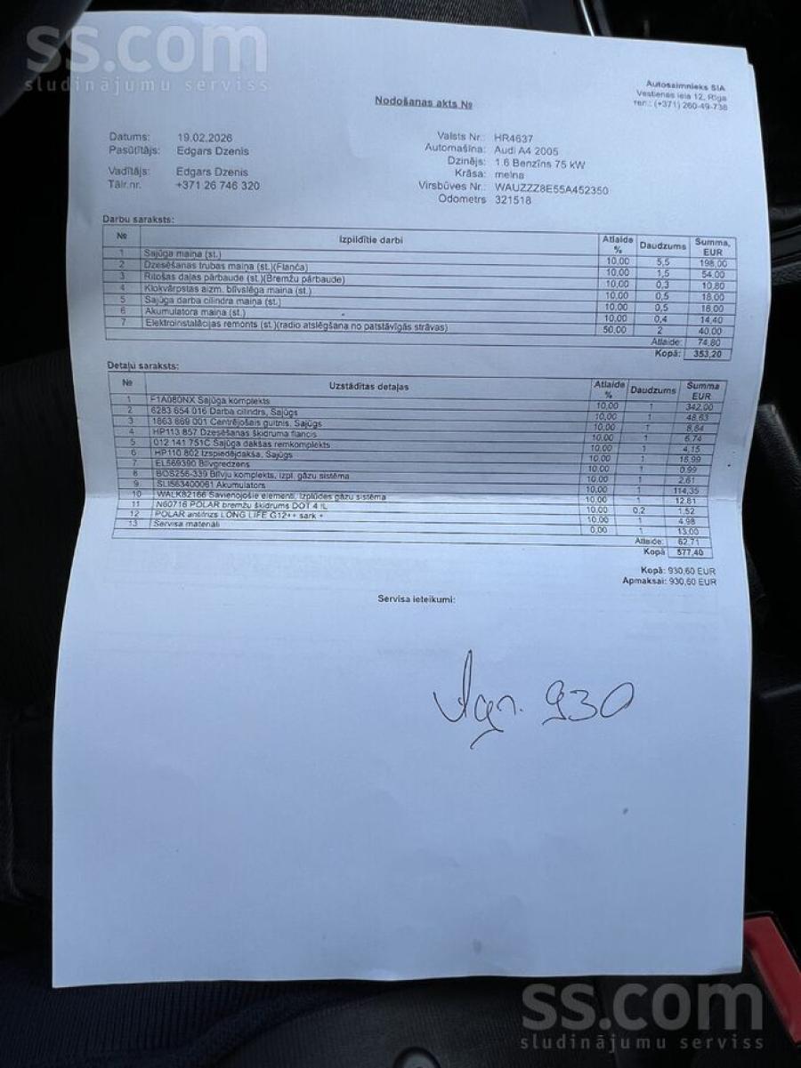 Melns Audi A4 2005 Rīga, ar dzinēja tilpumu 1.60 L un nobraukumu 327 tūkst. km par 1700 €, foto 11 vietnē AUTOMOTO.COM.LV