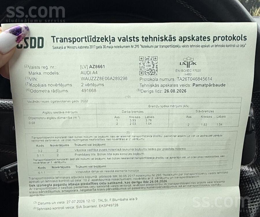Black Audi A4 2006 in Talsi, with an engine capacity of 2.70 L and mileage of 491 thousand km for 2200 €, photo 10 on AUTOMOTO.COM.LV