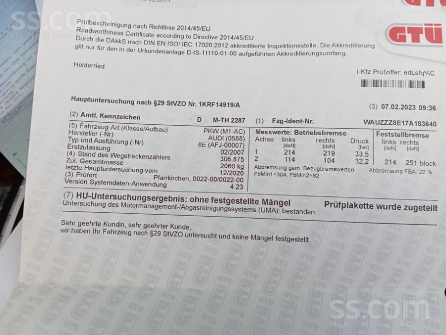 Черный Ауди А4 2007 в Огре, объемом двигателя 2.00 л и пробегом 323 тыс. км за 3550 €, фото 19 на AUTOMOTO.COM.LV