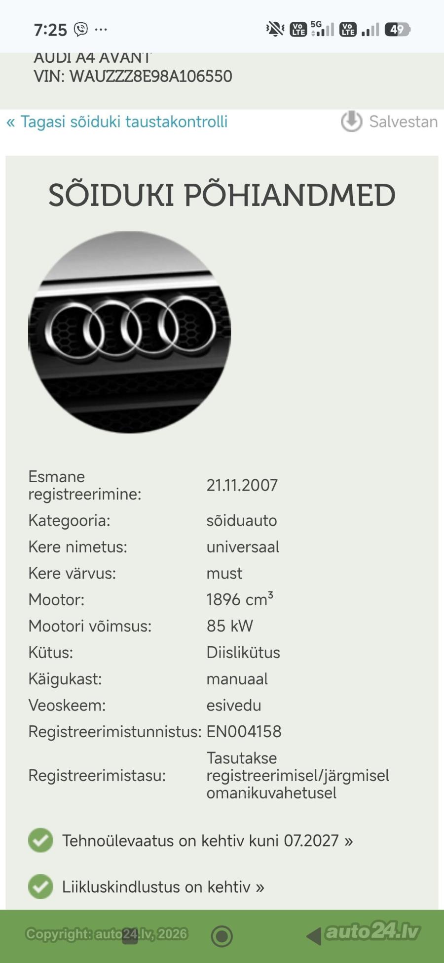 Черный Ауди А4 2007 в Тарту, объемом двигателя 1.90 л и пробегом 289 тыс. км за 1699 €, фото 15 на AUTOMOTO.COM.LV