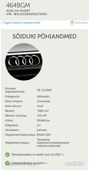 Черный Ауди А4 2008 в Тарту, объемом двигателя 2.00 л и пробегом 0 тыс. км за 2999 €, фото 12 на AUTOMOTO.COM.LV