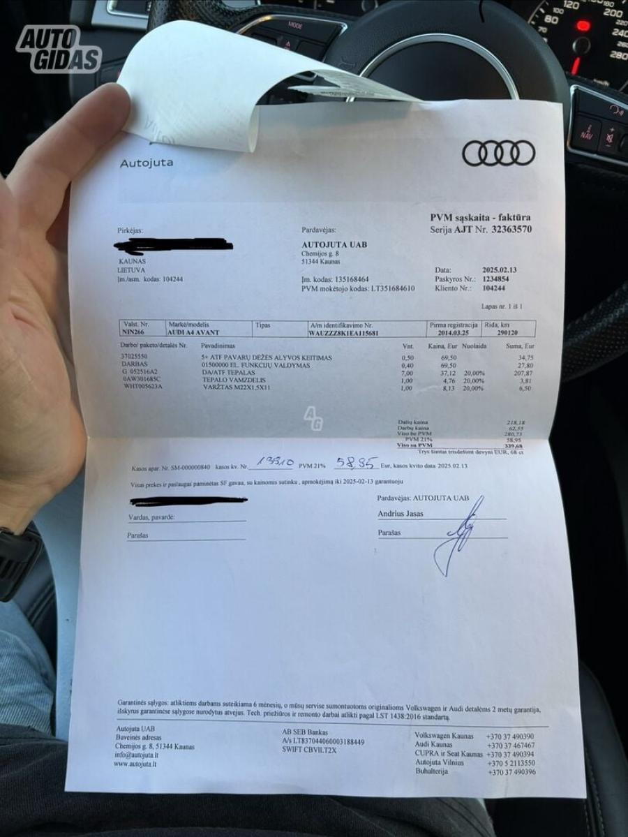 Black Audi A4 2014 in Kaunas, with an engine capacity of 3.00 L and mileage of 301 thousand km for 9500 €, photo 15 on AUTOMOTO.COM.LV