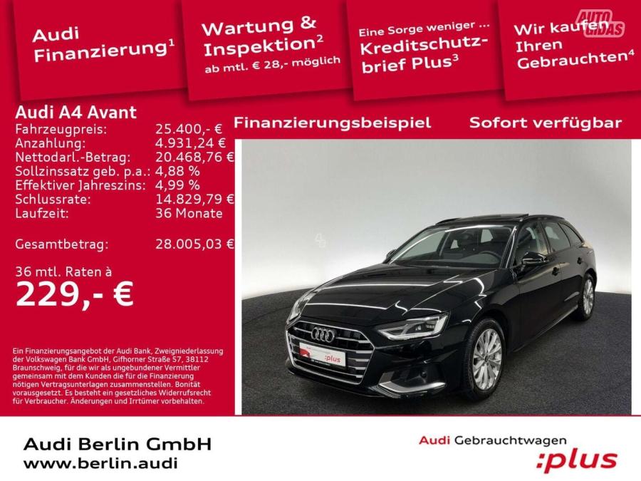 Melns Audi A4 2021 Kauņa, ar dzinēja tilpumu 2.00 L un nobraukumu 88 tūkst. km par 28402 €, foto 1 vietnē AUTOMOTO.COM.LV