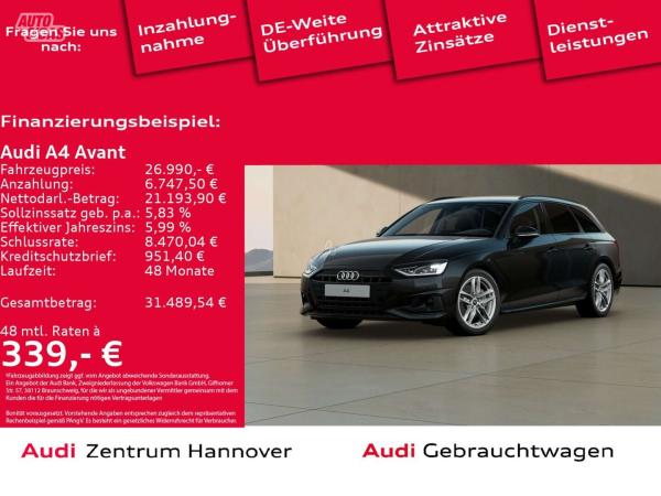 Melns Audi A4 2023 Kauņa, ar dzinēja tilpumu 2.00 L un nobraukumu 93 tūkst. km par 30067 €, foto 1 vietnē AUTOMOTO.COM.LV
