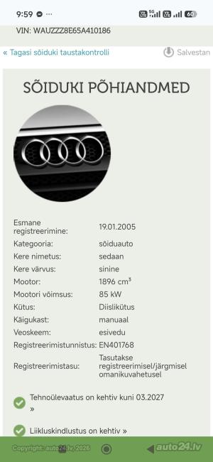 Zils Audi A4 2005 Tartu, ar dzinēja tilpumu 1.90 L un nobraukumu 0 tūkst. km par 1499 €, foto 13 vietnē AUTOMOTO.COM.LV