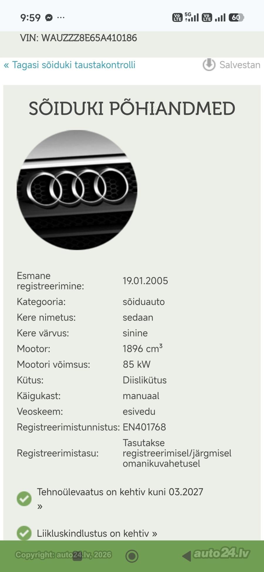 Zils Audi A4 2005 Tartu, ar dzinēja tilpumu 1.90 L un nobraukumu 0 tūkst. km par 1499 €, foto 13 vietnē AUTOMOTO.COM.LV