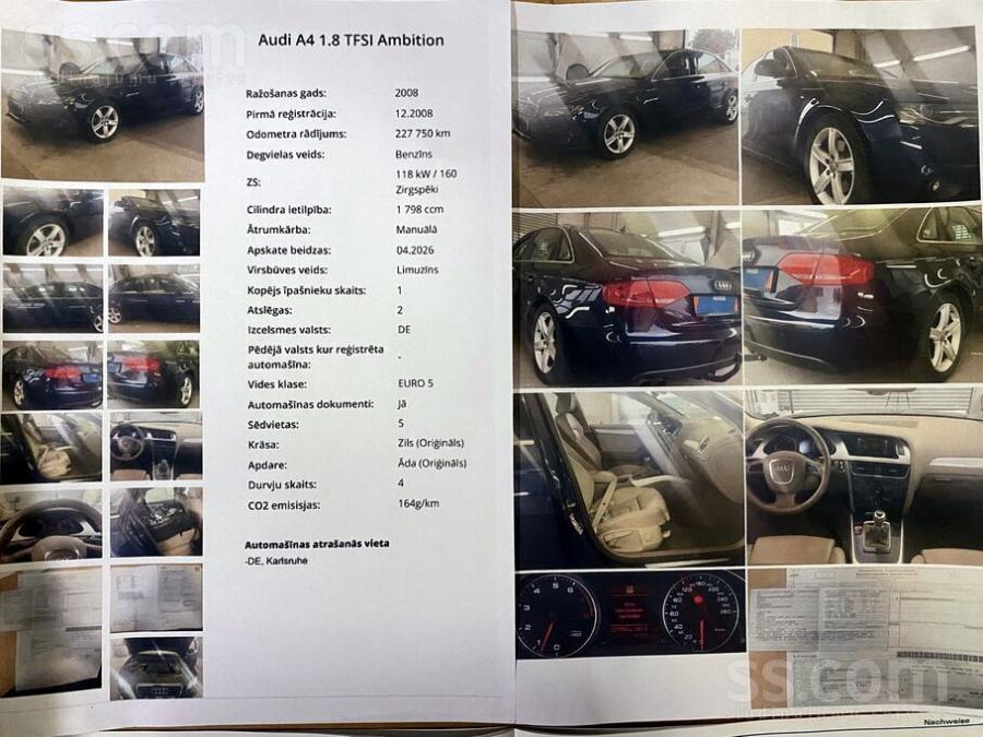 Blue Audi A4 2008 in Riga, with an engine capacity of 1.80 L and mileage of 227 thousand km for 5600 €, photo 25 on AUTOMOTO.COM.LV