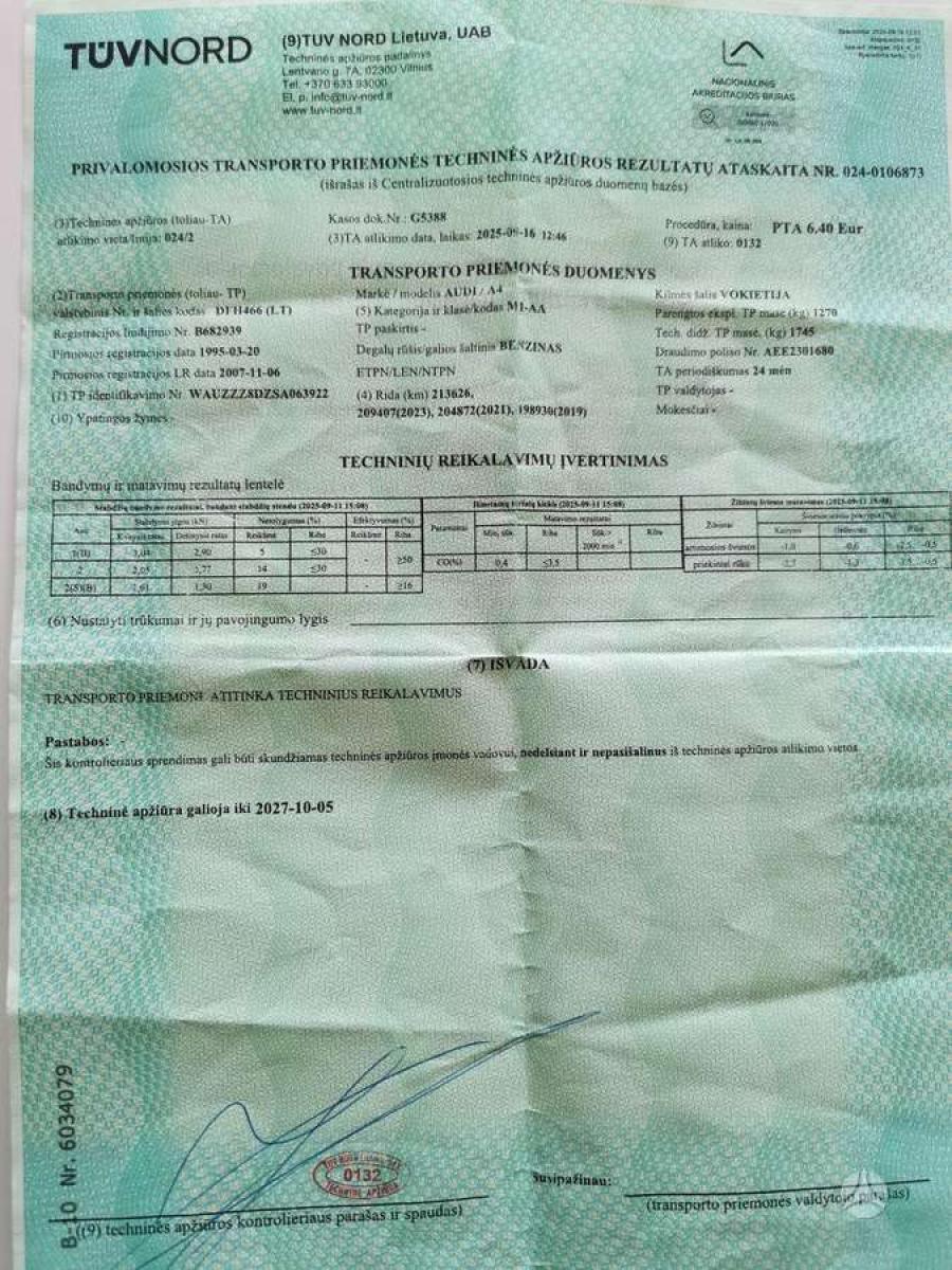 Зеленый Ауди А4 1995 в Вильнюс, объемом двигателя 1.60 л и пробегом 220 тыс. км за 800 €, фото 23 на AUTOMOTO.COM.LV