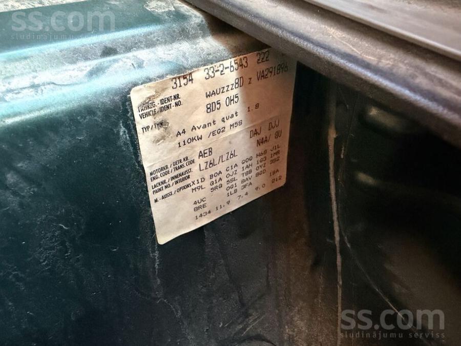 Zaļš Audi A4 1997 Limbaži, ar dzinēja tilpumu 1.80 L un nobraukumu 306 tūkst. km par 2300 €, foto 23 vietnē AUTOMOTO.COM.LV