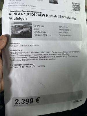 Grey Audi A4 2003 in Jurbarkas, with an engine capacity of 1.90 L and mileage of 297 thousand km for 1699 €, photo 3 on AUTOMOTO.COM.LV