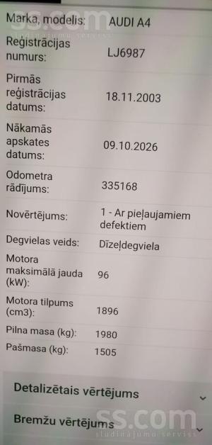 Grey Audi A4 2003 in Daugavpils, with an engine capacity of 1.90 L and mileage of 345 thousand km for 1600 €, photo 19 on AUTOMOTO.COM.LV