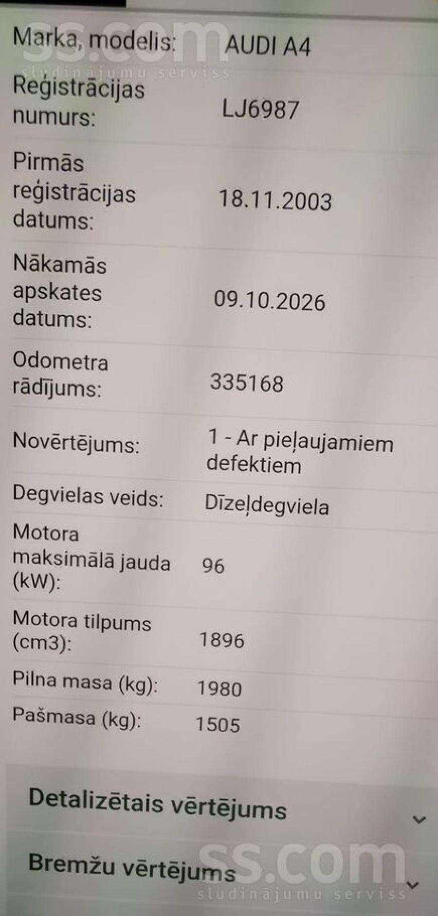 Grey Audi A4 2003 in Daugavpils, with an engine capacity of 1.90 L and mileage of 345 thousand km for 1600 €, photo 19 on AUTOMOTO.COM.LV