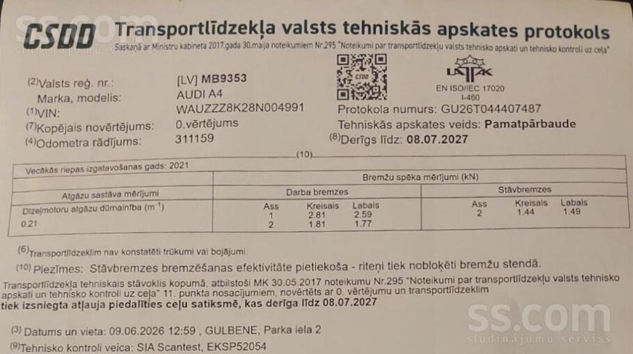 Серый Ауди А4 2008 в Гулбене, объемом двигателя 2.70 л и пробегом 311 тыс. км за 4999 €, фото 10 на AUTOMOTO.COM.LV