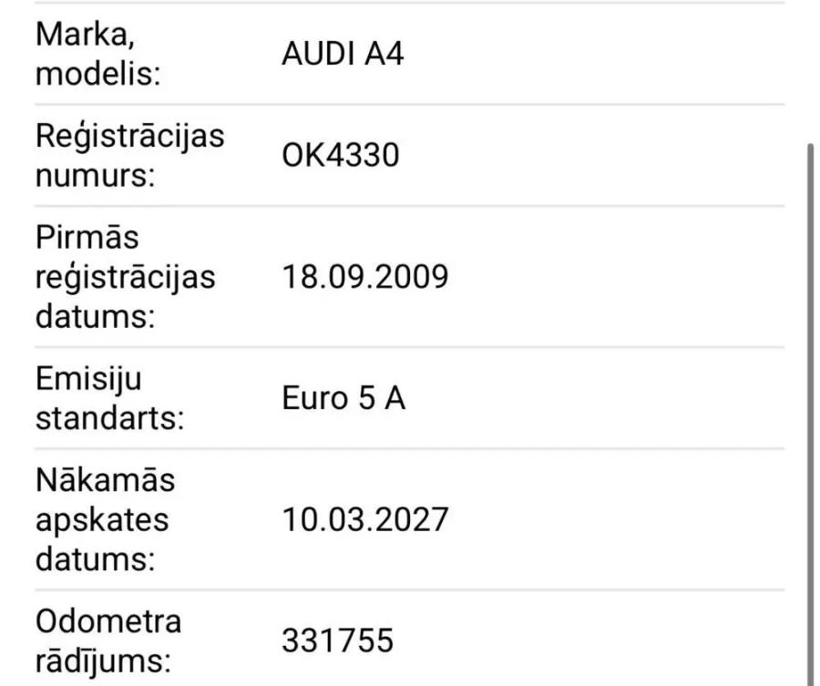 Серый Ауди А4 2009 в Рига, объемом двигателя 2.00 л и пробегом 332 тыс. км за 3990 €, фото 22 на AUTOMOTO.COM.LV