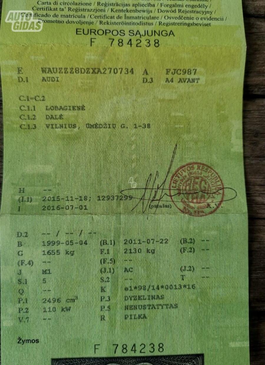 Pelēks Audi A4 1999 Viļņa, ar dzinēja tilpumu 2.50 L un nobraukumu 385 tūkst. km par 800 €, foto 16 vietnē AUTOMOTO.COM.LV
