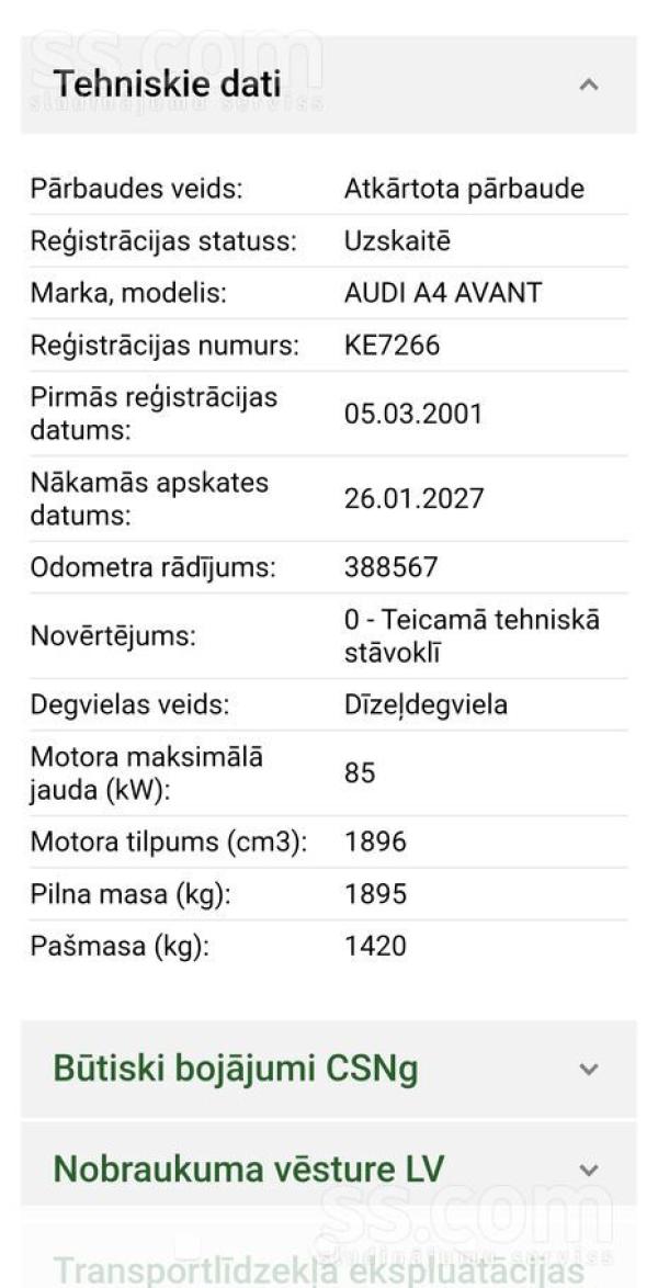 Серый Ауди А4 2001 в Мадона, объемом двигателя 1.90 л и пробегом 398 тыс. км за 2500 €, фото 8 на AUTOMOTO.COM.LV