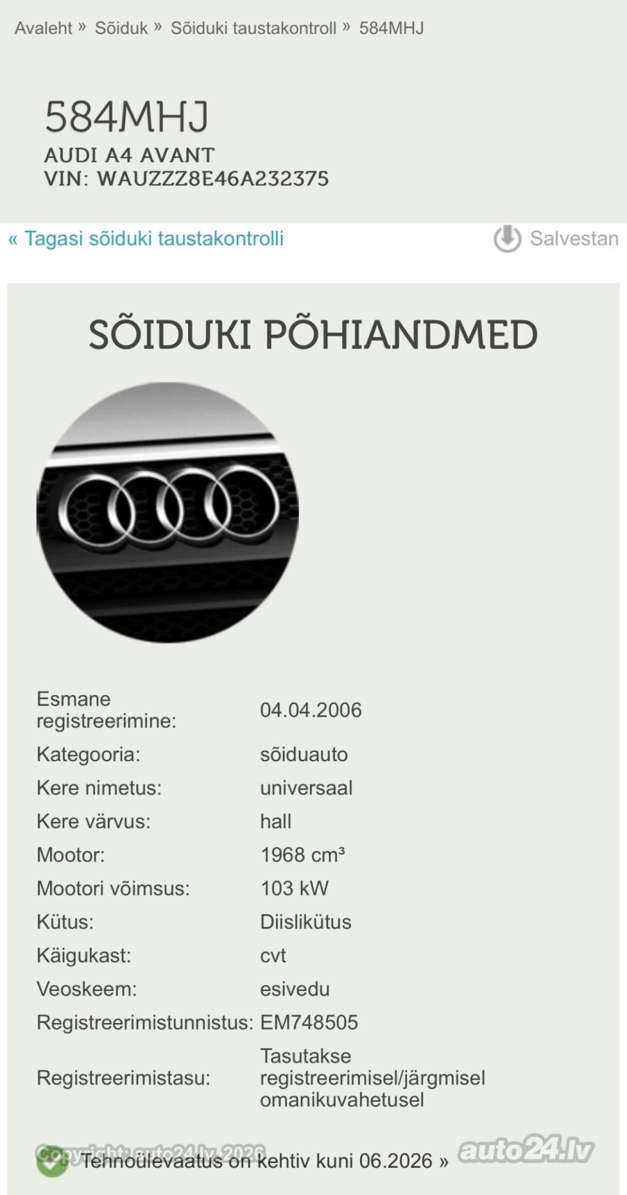 Pelēks Audi A4 2006 Tartu, ar dzinēja tilpumu 2.00 L un nobraukumu 336 tūkst. km par 2199 €, foto 13 vietnē AUTOMOTO.COM.LV