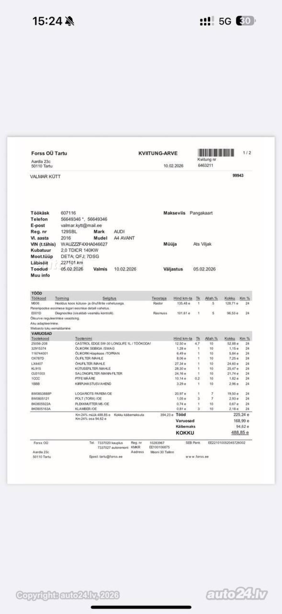 Pelēks Audi A4 2016 Tallina, ar dzinēja tilpumu 2.00 L un nobraukumu 230 tūkst. km par 14990 €, foto 18 vietnē AUTOMOTO.COM.LV