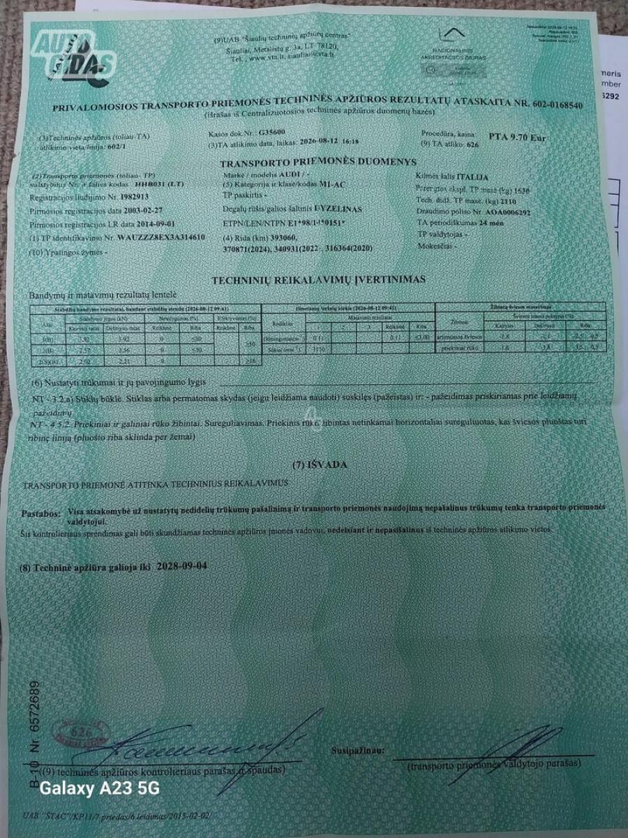 Ауди А4 2004 в Ионишкис, объемом двигателя 2.50 л и пробегом 394 тыс. км за 1350 €, фото 5 на AUTOMOTO.COM.LV