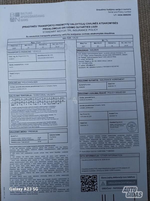 Audi A4 2004 in Joniskis, with an engine capacity of 2.50 L and mileage of 394 thousand km for 1350 €, photo 6 on AUTOMOTO.COM.LV