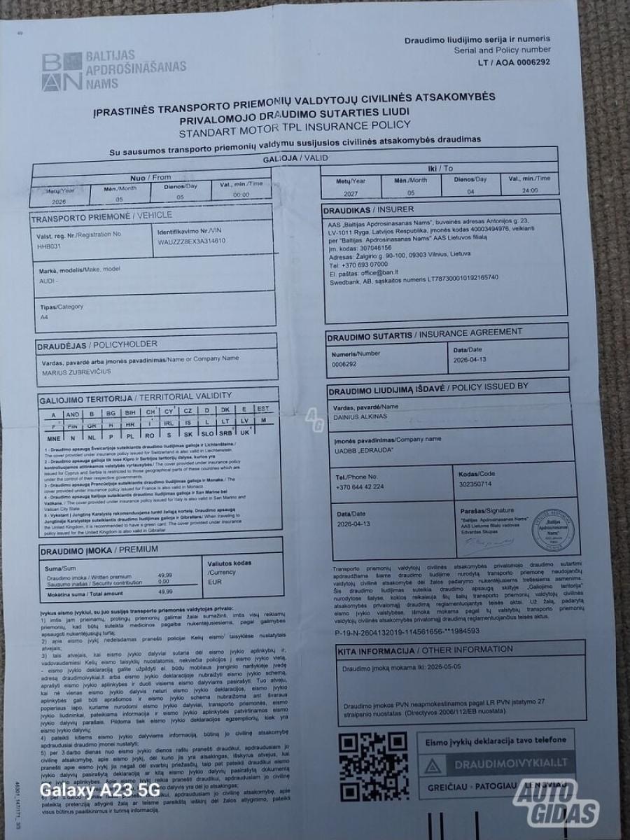 Ауди А4 2004 в Ионишкис, объемом двигателя 2.50 л и пробегом 394 тыс. км за 1350 €, фото 6 на AUTOMOTO.COM.LV