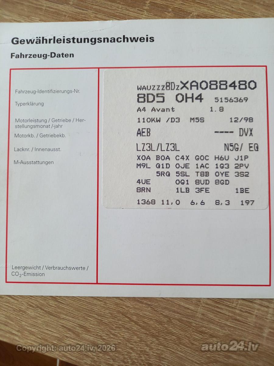 Sarkans Audi A4 1999 Tartu, ar dzinēja tilpumu 1.80 L un nobraukumu 298 tūkst. km par 1500 €, foto 15 vietnē AUTOMOTO.COM.LV