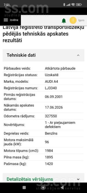 Audi A4 2001 Rīga, ar dzinēja tilpumu 2.00 L un nobraukumu 335 tūkst. km par 1500 €, foto  vietnē AUTOMOTO.COM.LV