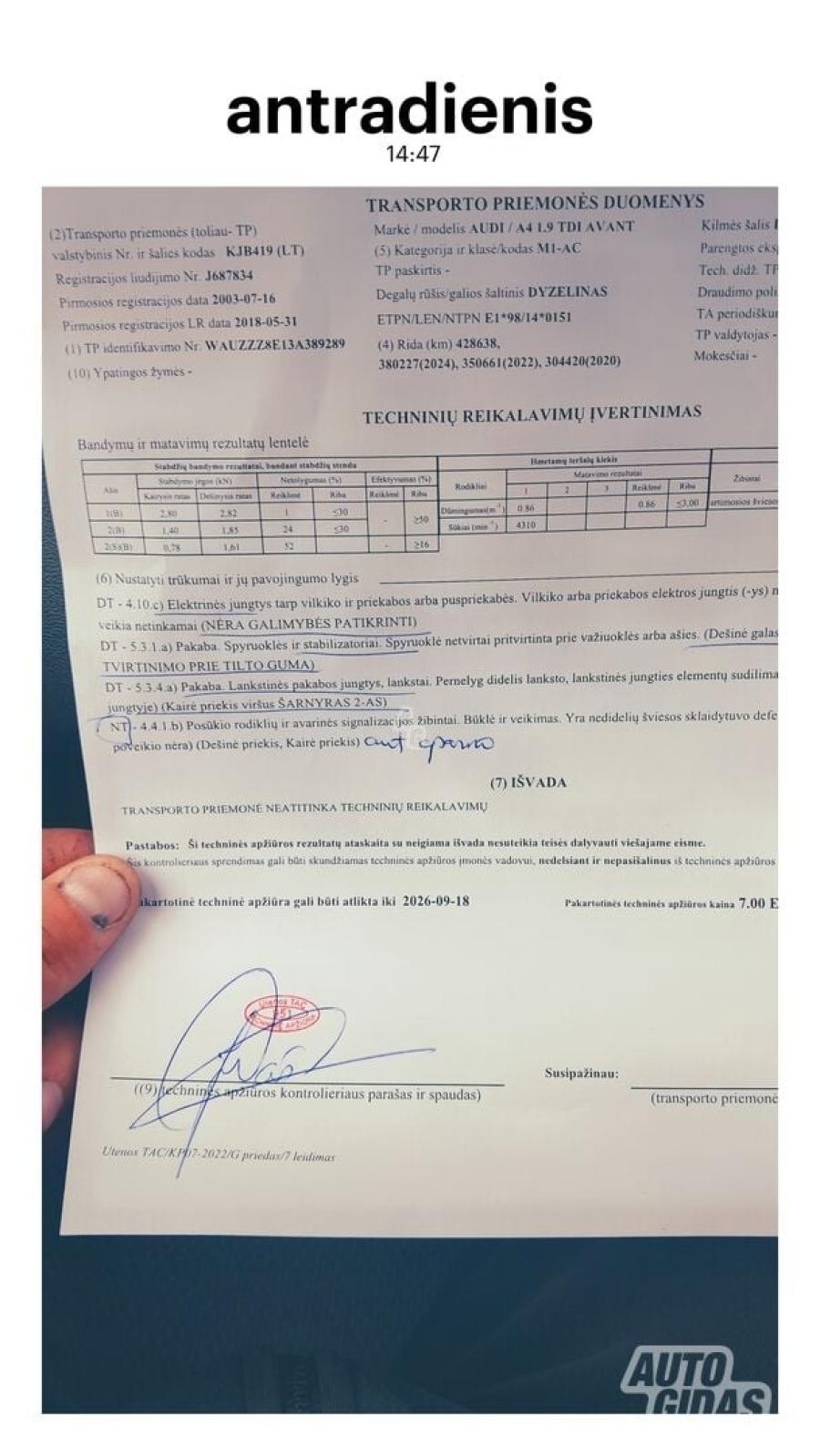 Ауди А4 2003 в Вильнюс, объемом двигателя 1.90 л и пробегом 429 тыс. км за 1750 €, фото 12 на AUTOMOTO.COM.LV