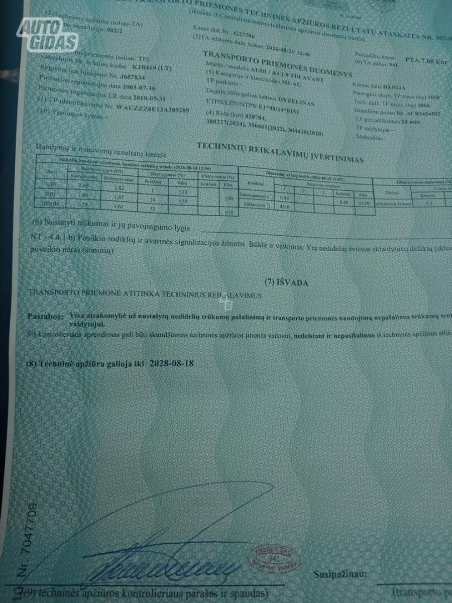 Ауди А4 2003 в Вильнюс, объемом двигателя 1.90 л и пробегом 429 тыс. км за 1750 €, фото 13 на AUTOMOTO.COM.LV