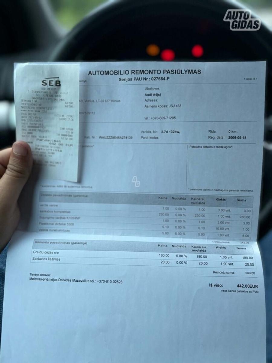 Audi A4 2006 Kauņa, ar dzinēja tilpumu 2.70 L un nobraukumu 330 tūkst. km par 2550 €, foto 17 vietnē AUTOMOTO.COM.LV