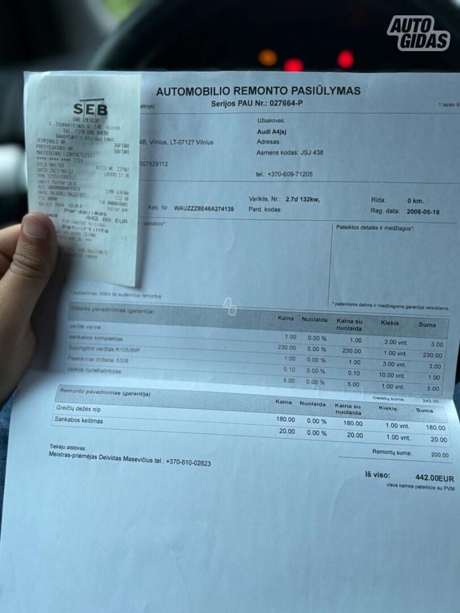 Audi A4 2006 Kauņa, ar dzinēja tilpumu 2.70 L un nobraukumu 330 tūkst. km par 2550 €, foto 18 vietnē AUTOMOTO.COM.LV
