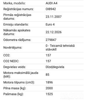 Audi A4 2007 Daugavpils, ar dzinēja tilpumu 1.90 L un nobraukumu 280 tūkst. km par 3499 €, foto 27 vietnē AUTOMOTO.COM.LV