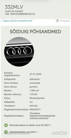 Audi A4 2009 Tartu, ar dzinēja tilpumu 1.80 L un nobraukumu 334 tūkst. km par 3599 €, foto 16 vietnē AUTOMOTO.COM.LV