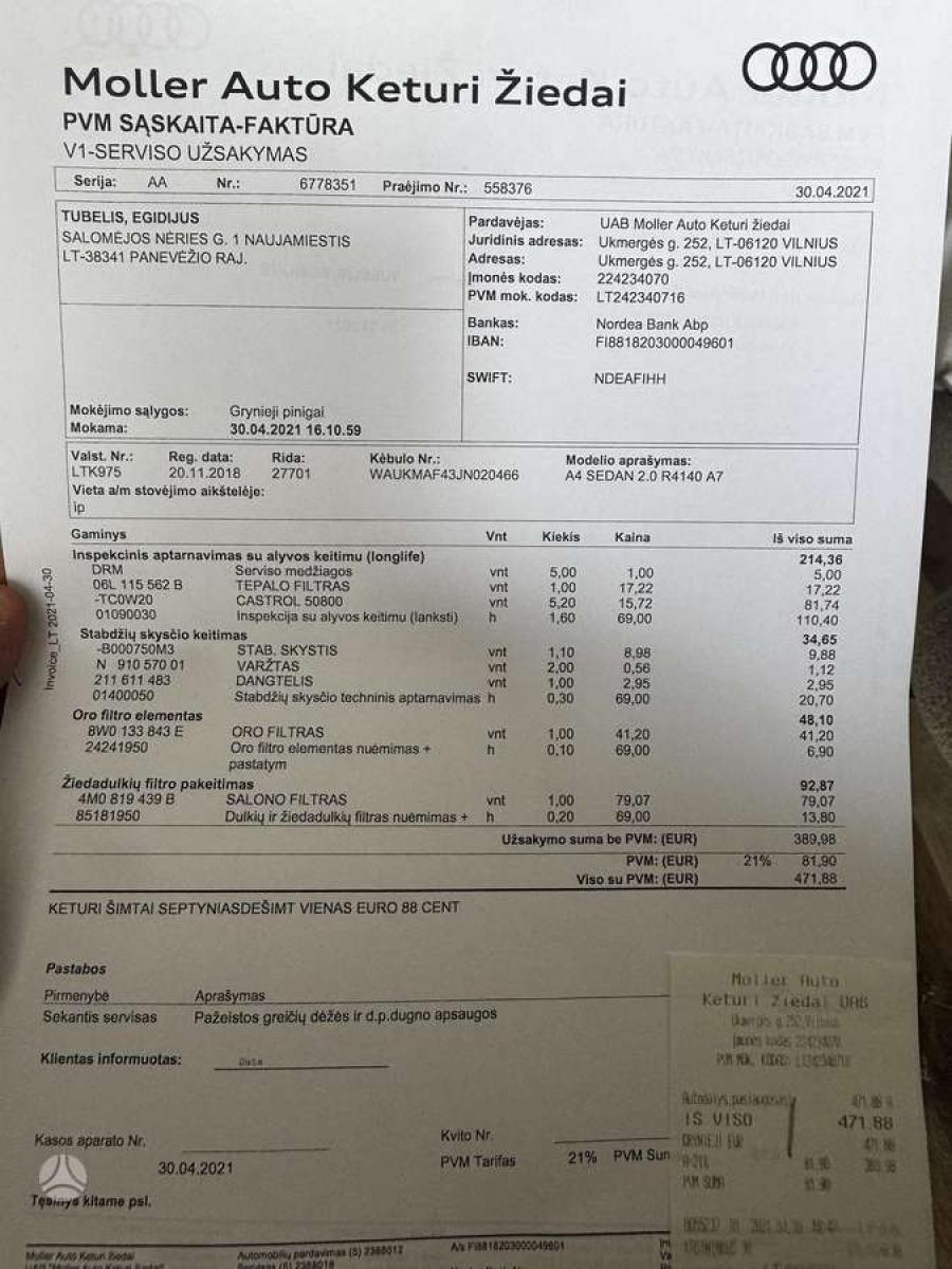 Белый Ауди А4 2018 в Вильнюс, объемом двигателя 1.98 л и пробегом 90 тыс. км за 13350 €, фото 35 на AUTOMOTO.COM.LV