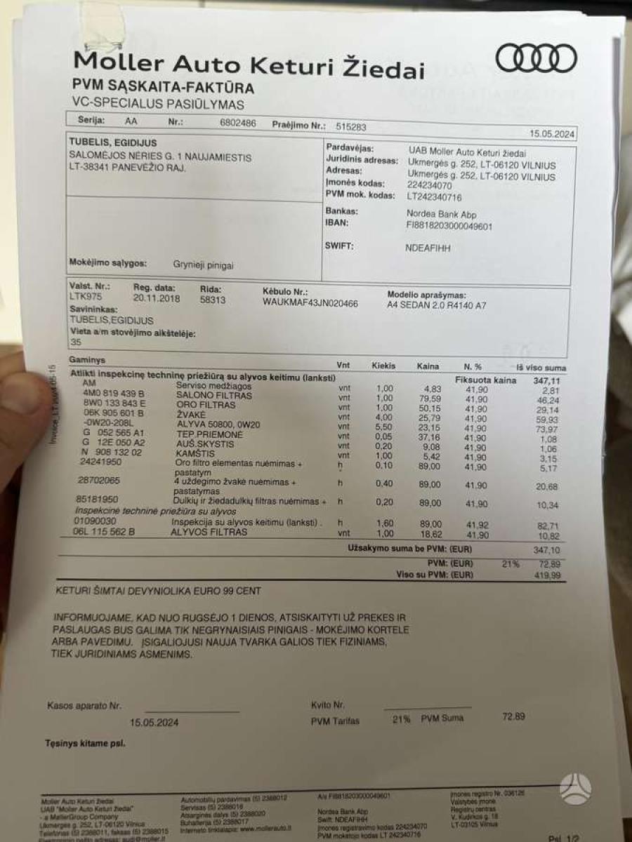 White Audi A4 2018 in Vilnius, with an engine capacity of 1.98 L and mileage of 90 thousand km for 11450 €, photo 30 on AUTOMOTO.COM.LV