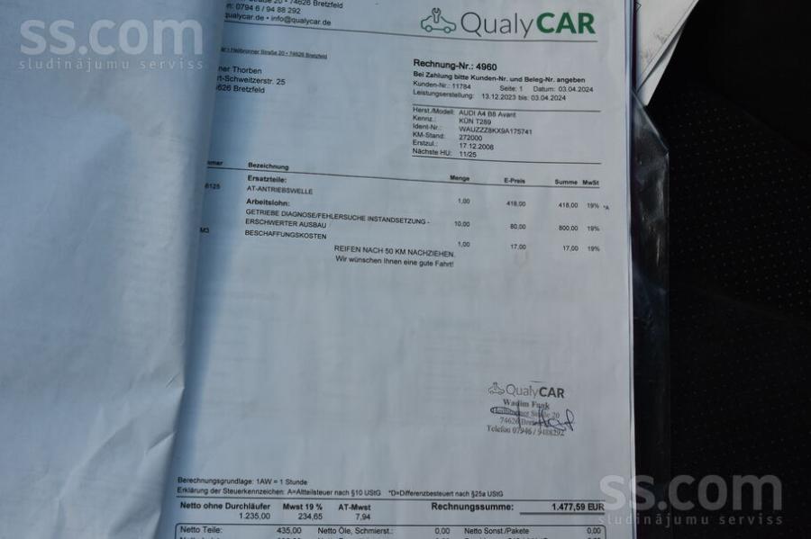 White Audi A4 2008 in Riga, with an engine capacity of 2.00 L and mileage of 290 thousand km for 6990 €, photo 26 on AUTOMOTO.COM.LV