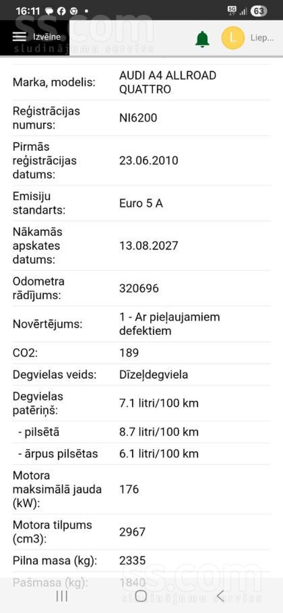 Balts Audi A4 2010 Liepāja, ar dzinēja tilpumu 3.00 L un nobraukumu 324 tūkst. km par 4800 €, foto 8 vietnē AUTOMOTO.COM.LV